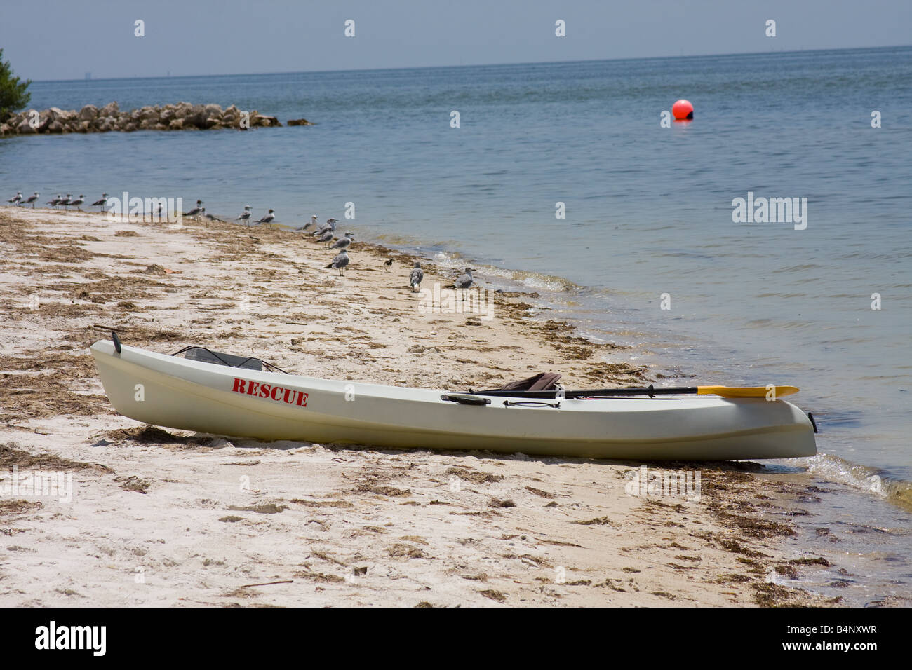 Rescue canoe sitting on the beach with an oar on top Stock Photo - Alamy