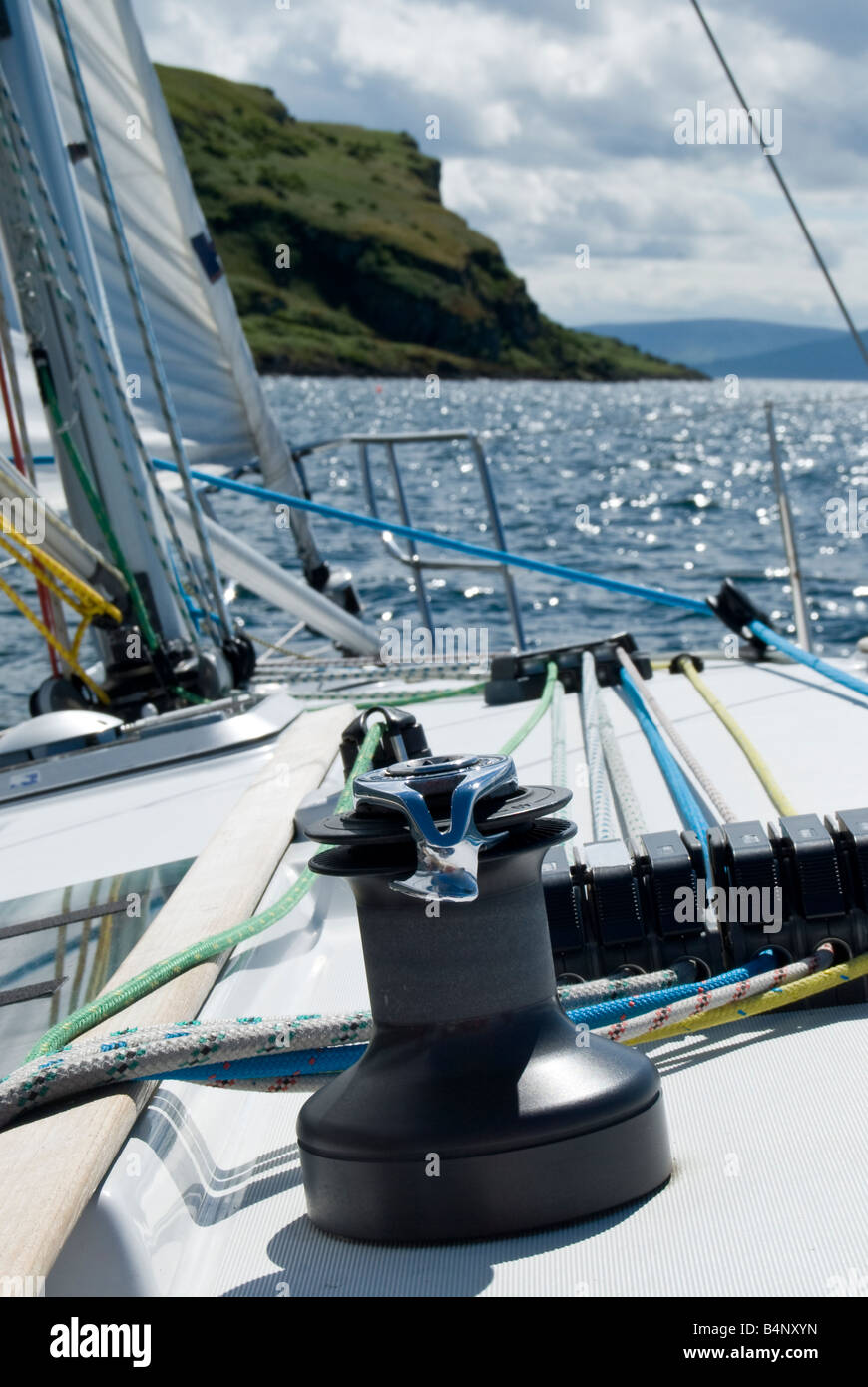 View over the bow of a modern sailing yacht showing the forward deck ...