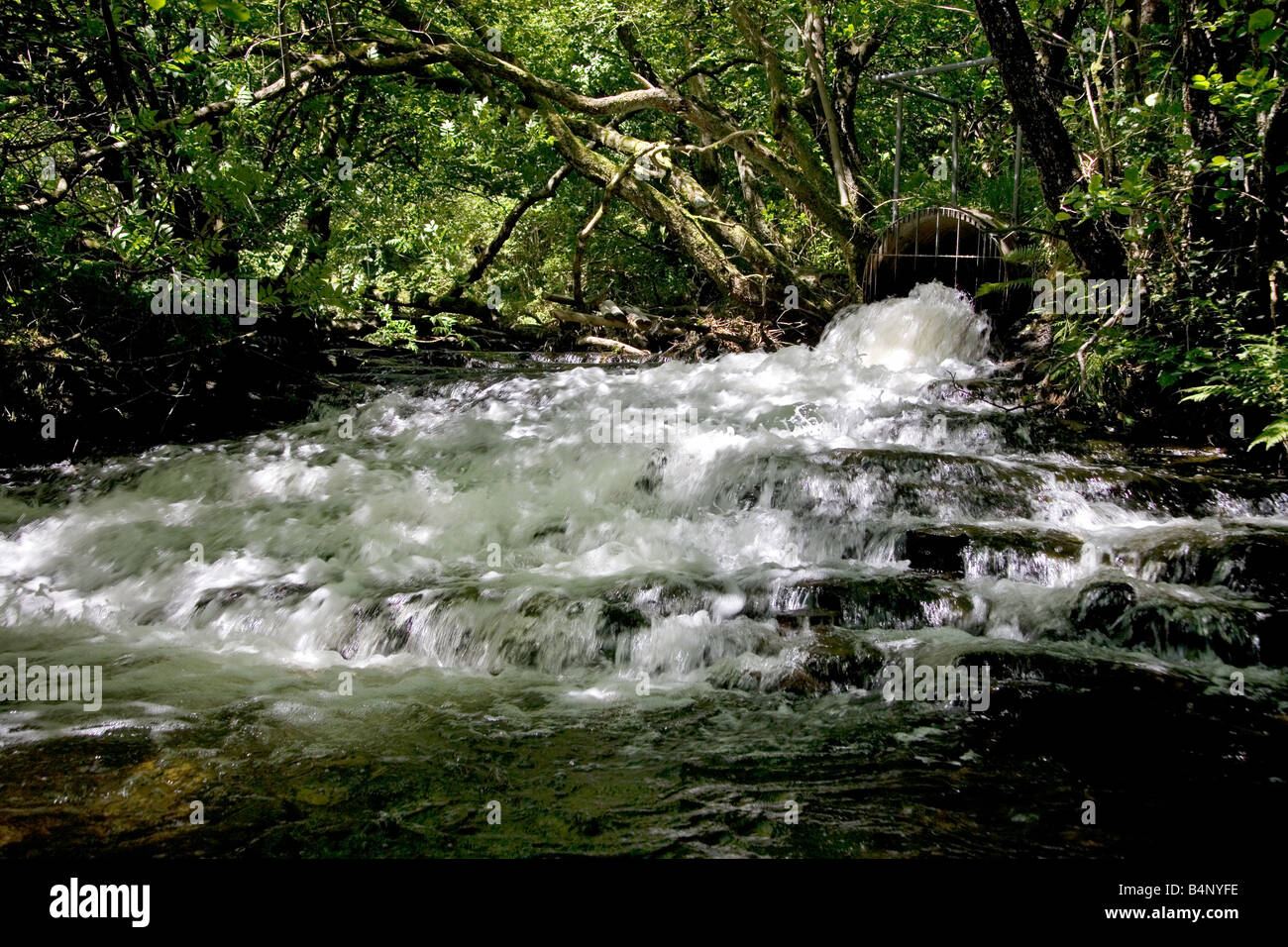 Fast flowing gushing water streams tail race from turbine house hi-res ...