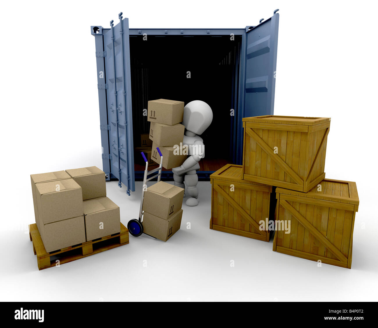 3D render of someone unloading boxes from a freight container Stock ...