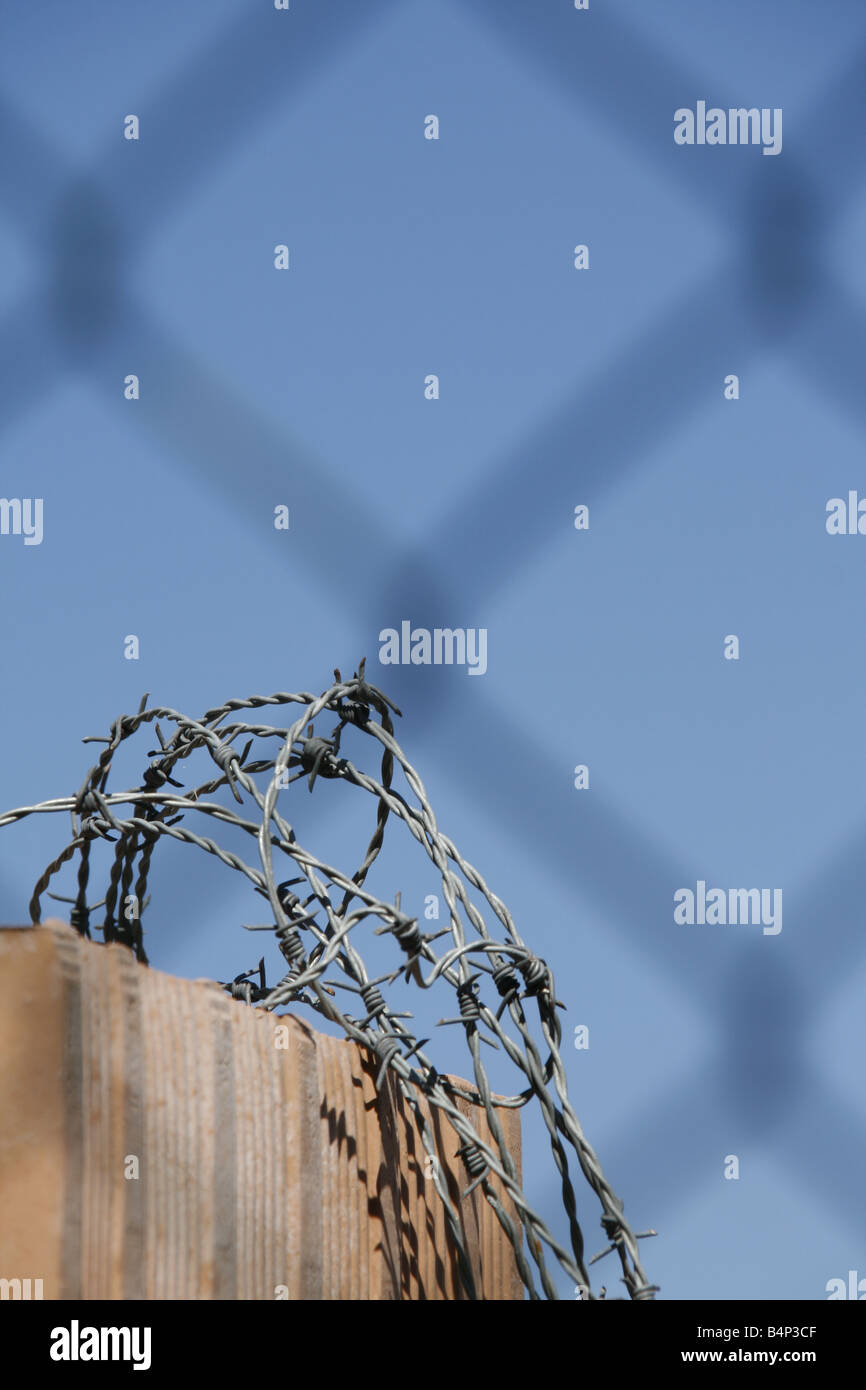 tangled barbed wire fence against blue sky Stock Photo - Alamy