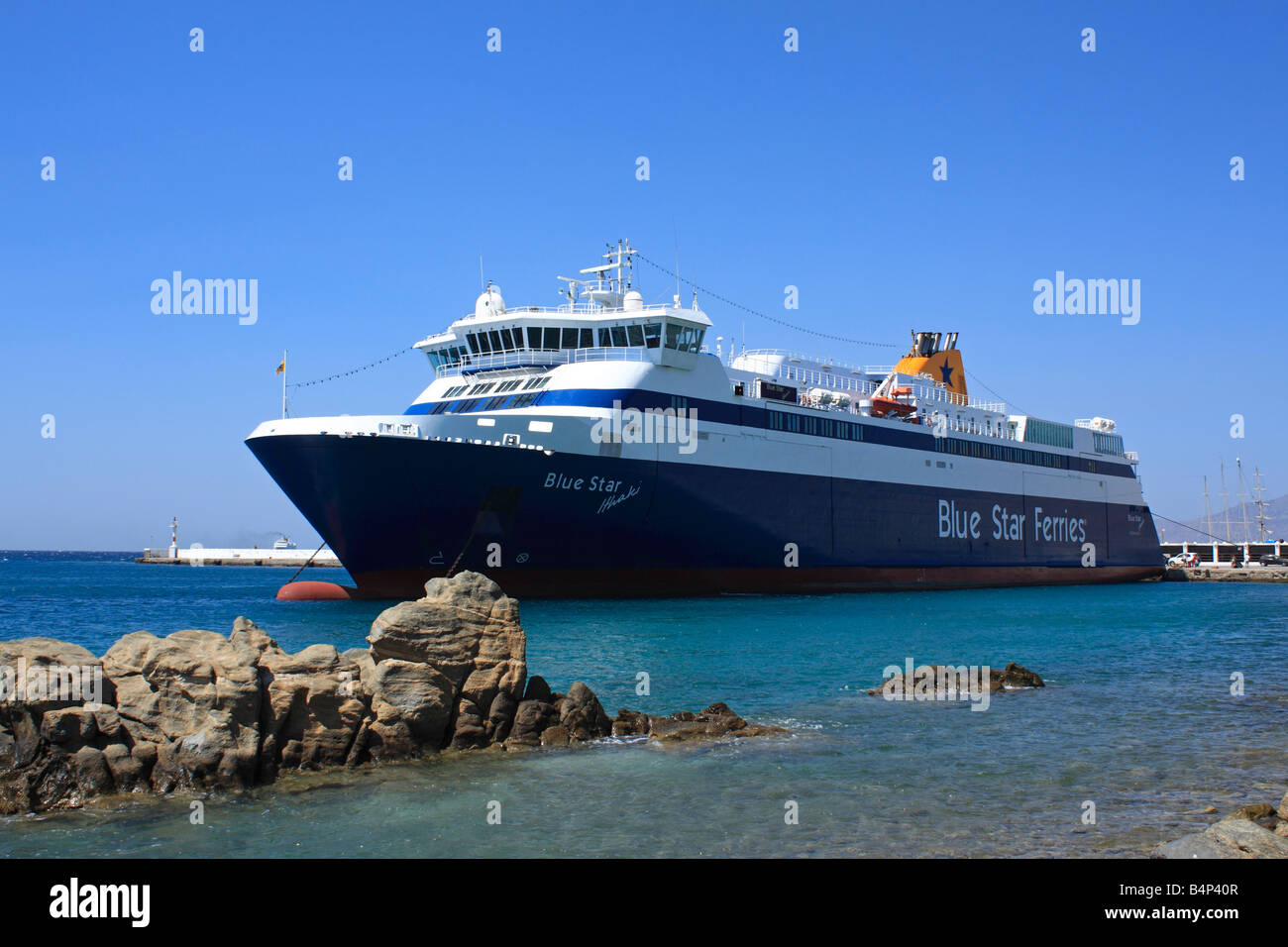Ferry Anchored in Mykonos Harbour Greek Cyclades Island Greece Stock ...