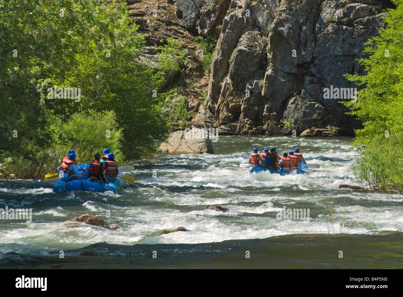 Inflatable rafts shooting the Kern River rapids Sierra Nevada ...