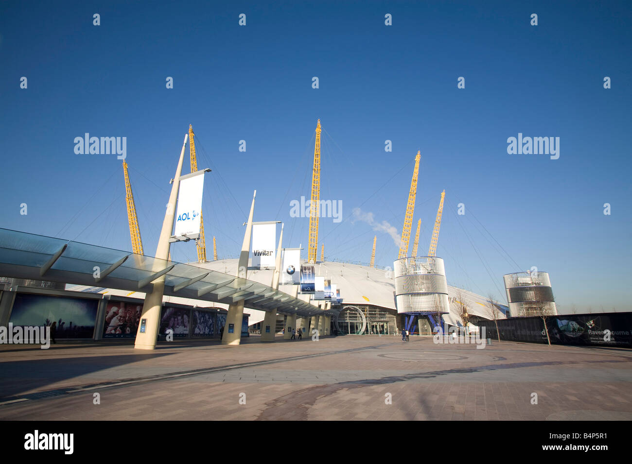 O2 Arena, entrance London Millennium Dome. Morning Blue sky Horizontal ...