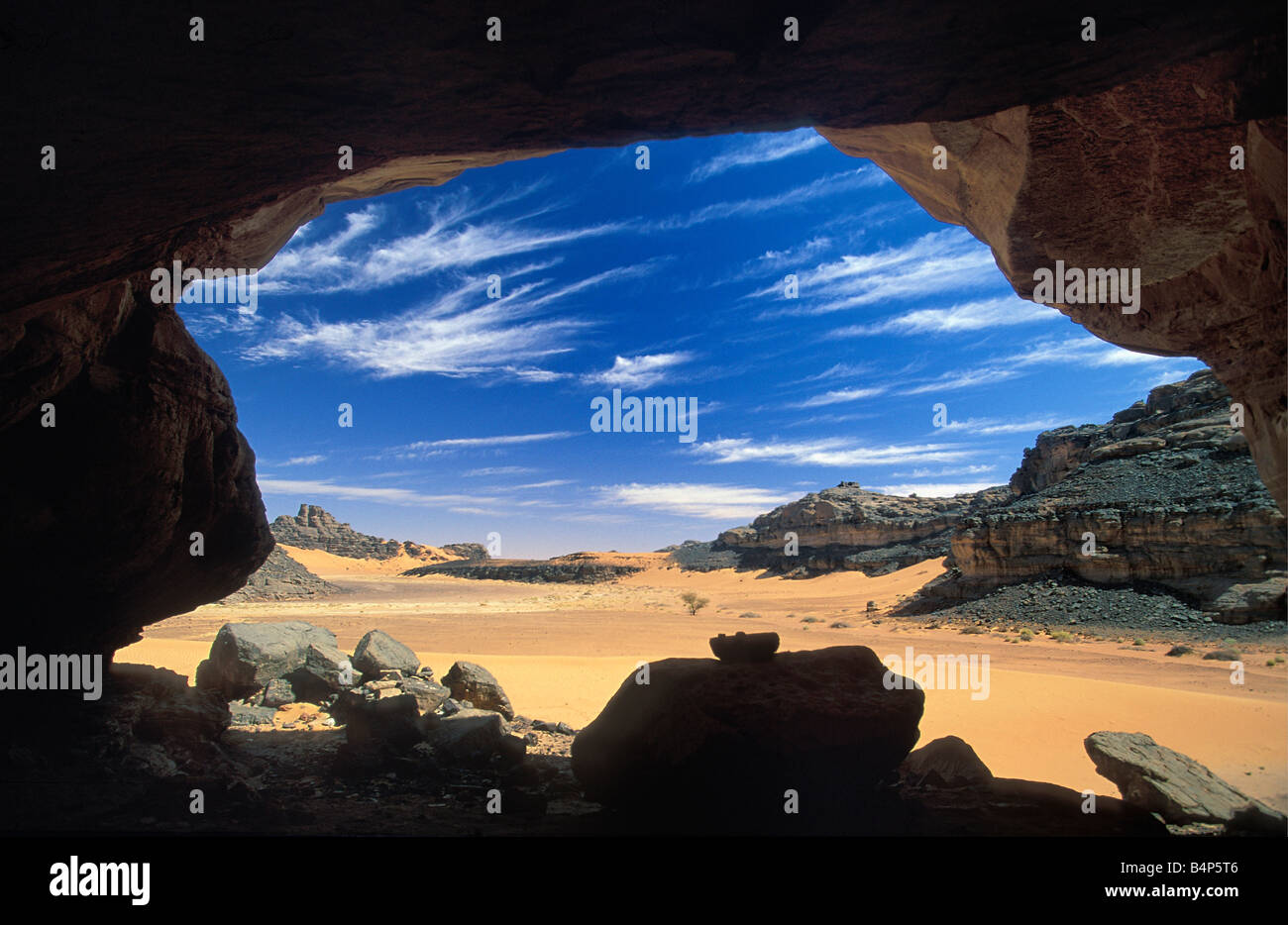 Algeria Djanet Landscape Sand dunes View from cave Sahara Desert Stock ...