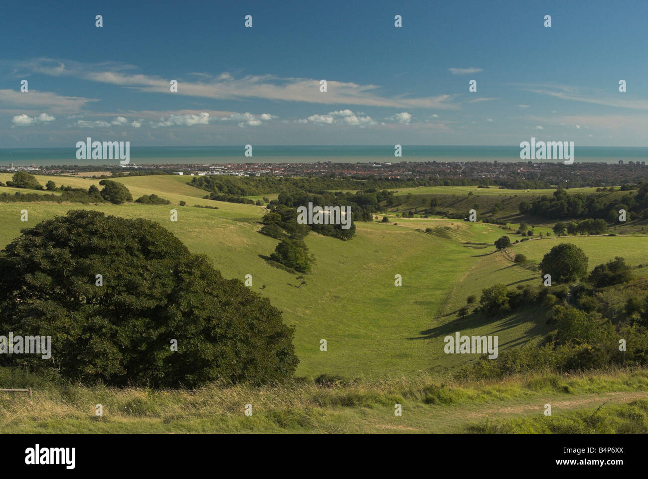 Looking over the South Downs and Worthing Golf Course to Worthing town ...