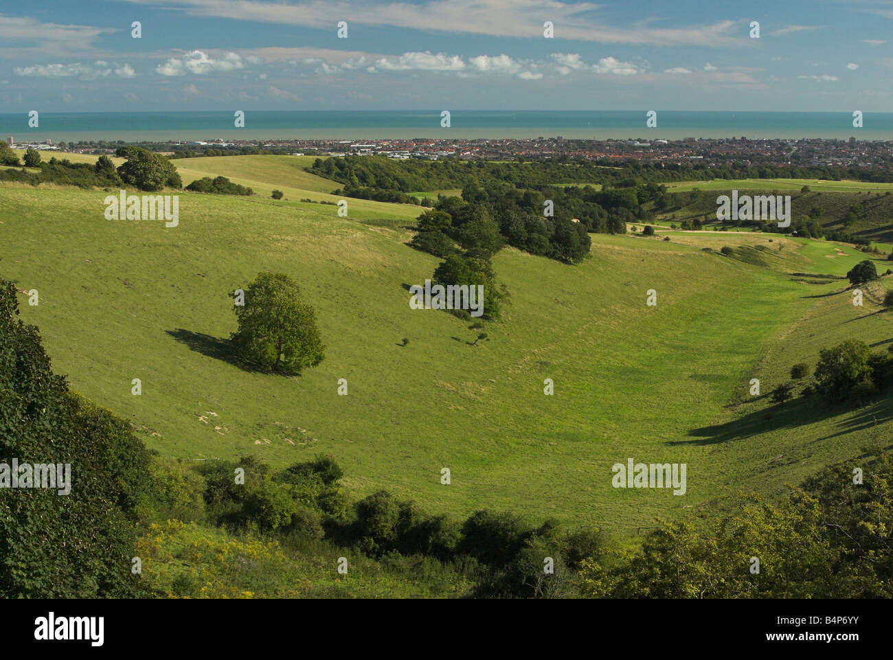 Looking over the South Downs and Worthing Golf Course to Worthing town ...