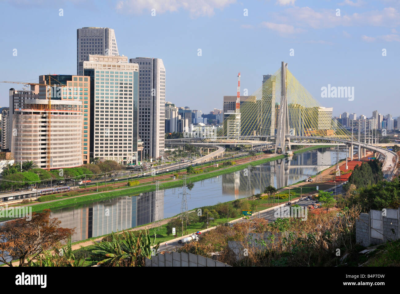 Skyline around Pinheiros River and Octavio Frias Cable Bridge Sao Paulo ...