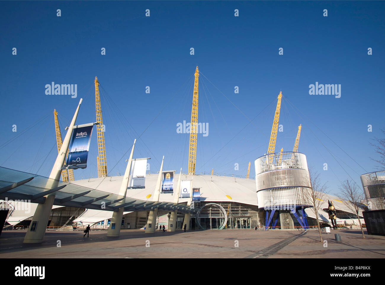 O2 Arena, entrance London Millennium Dome. Morning Blue sky Horizontal ...