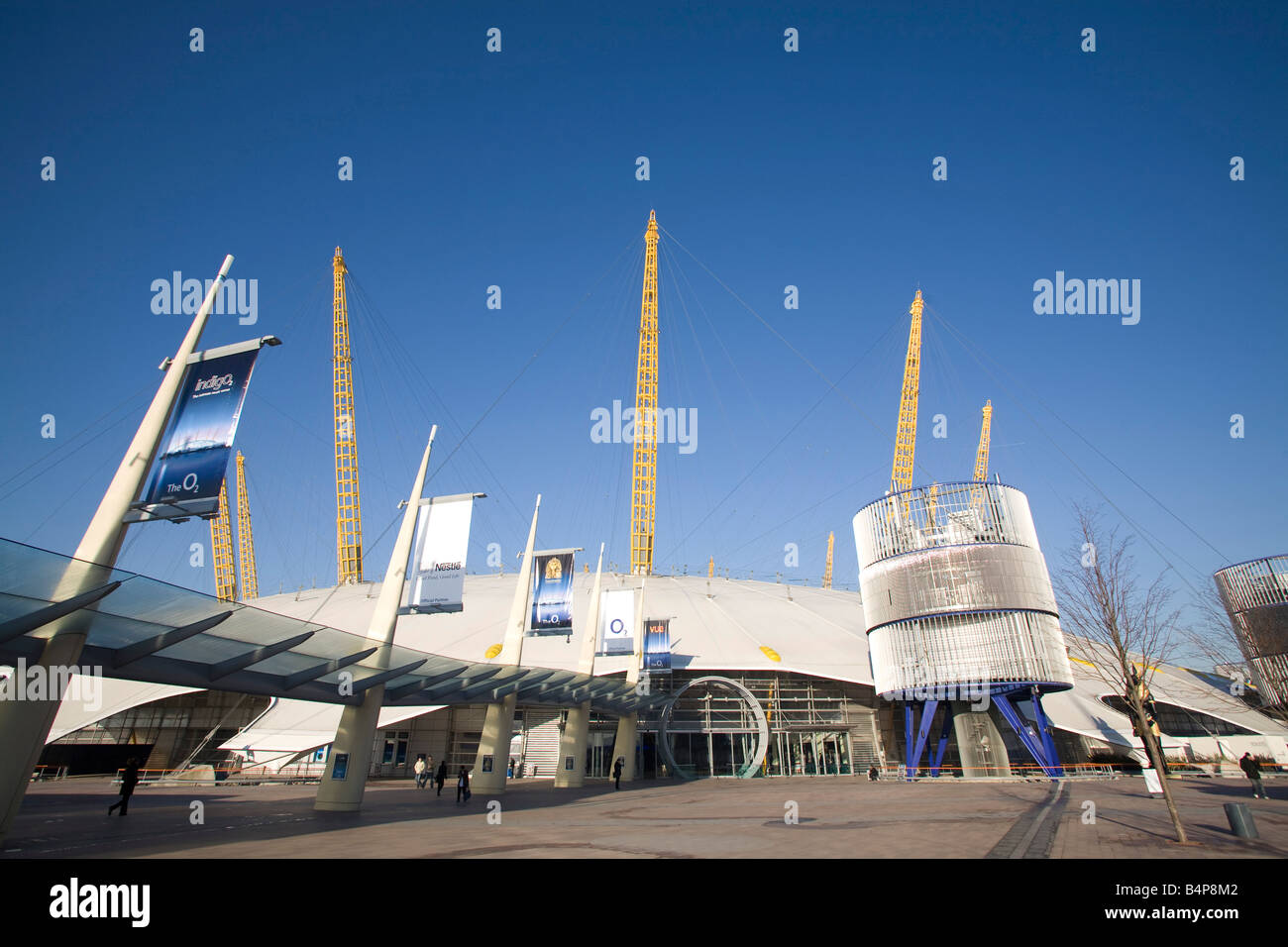 O2 Arena, entrance London Millennium Dome. Morning Blue sky Horizontal ...