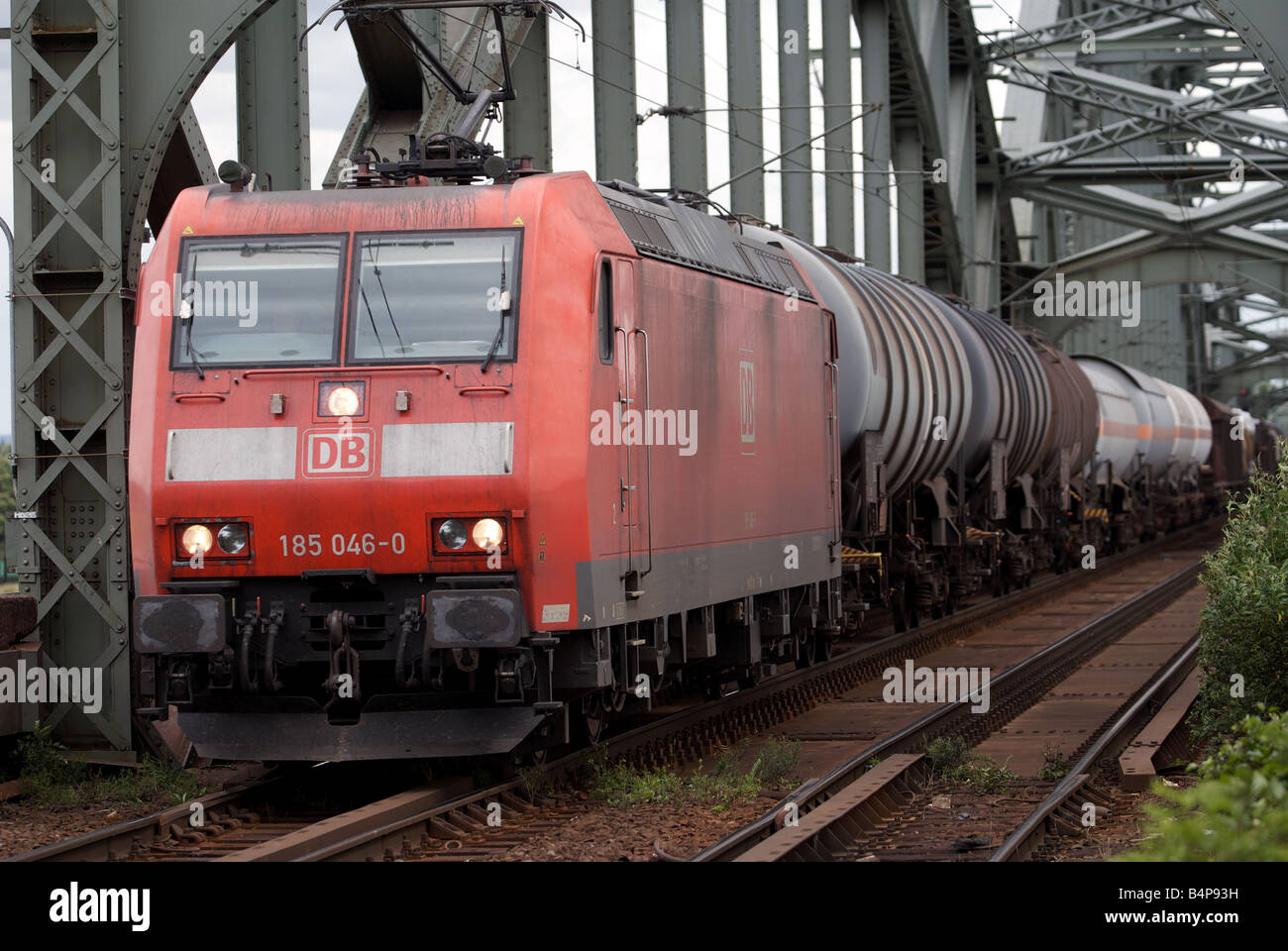 Germany Railways freight train crossing the river Rhine, Cologne, North ...