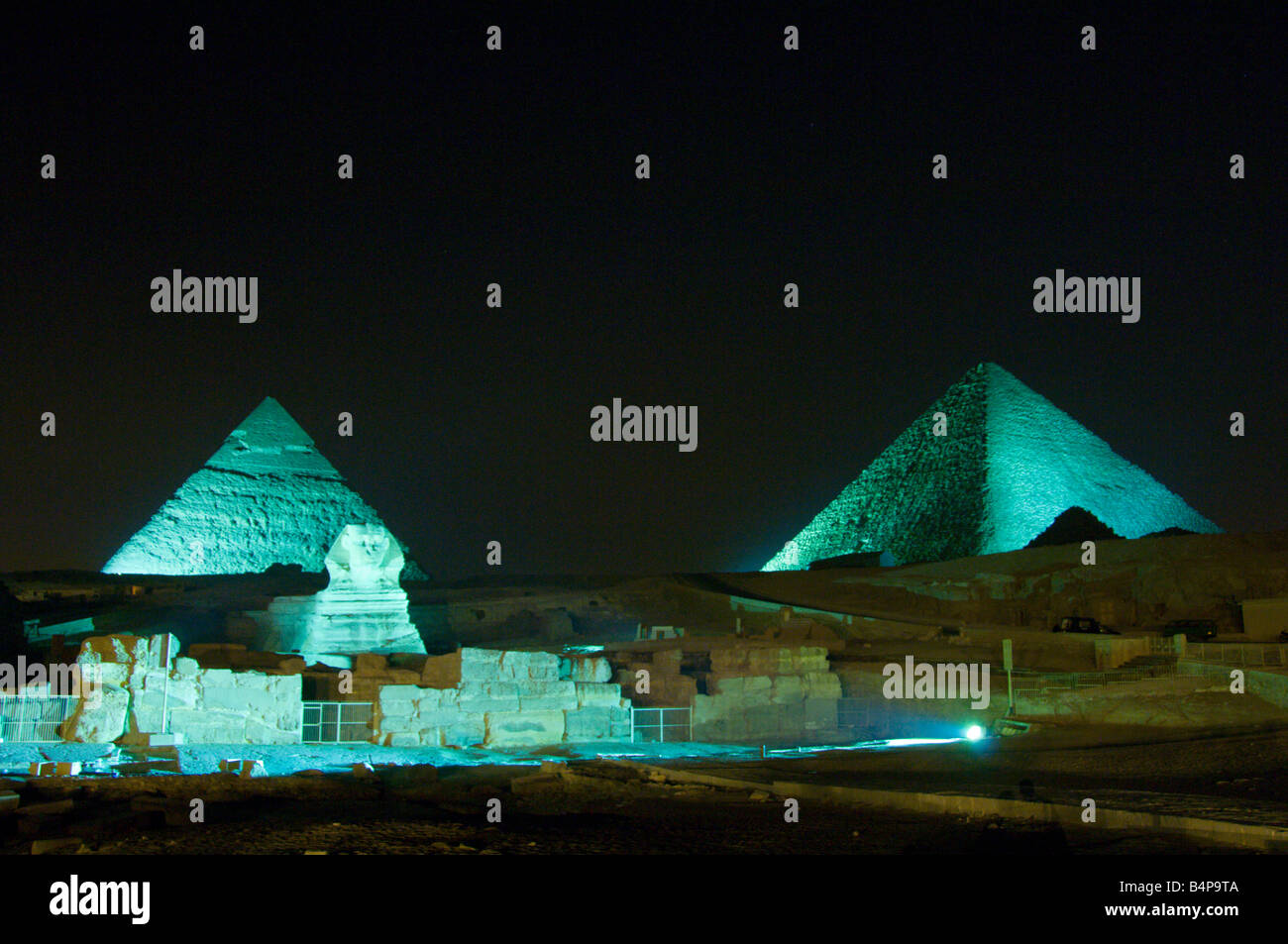 The pyramids of Giza and sphinx illuminted with lights during the sound ...