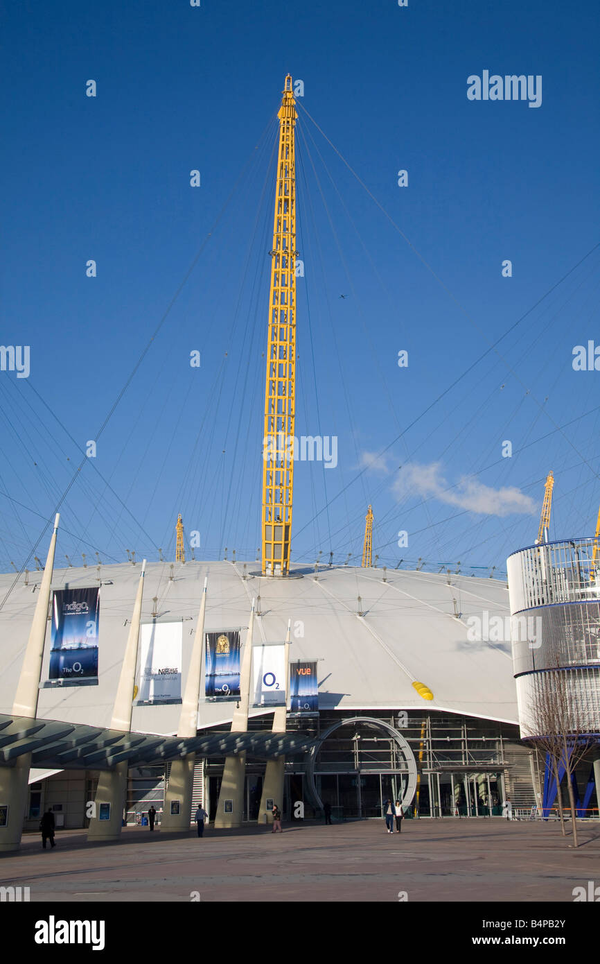 O2 Arena, entrance London Millennium Dome. Morning Blue sky Vertical ...
