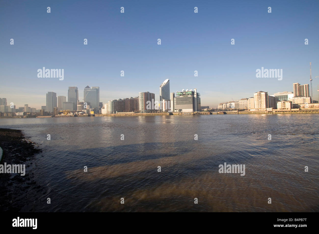 Canary Wharf, general view with river Thames London from O2 Arena ...