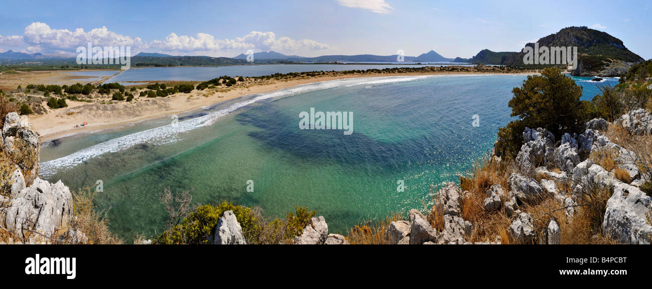 A panorama looking across Voidokilia beach near Yialova and Pylos on ...