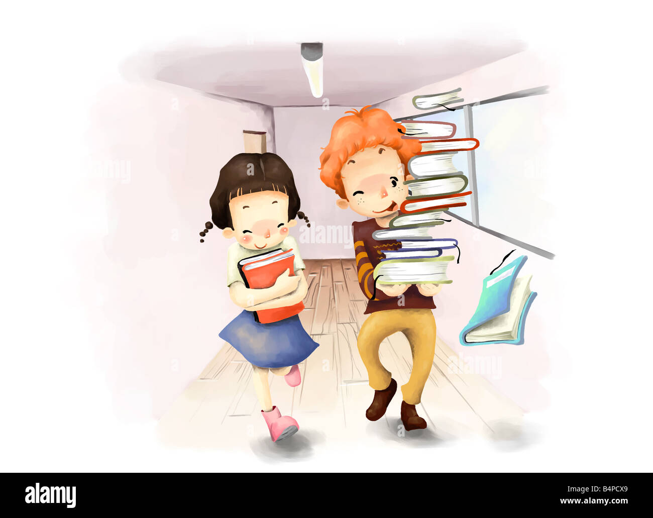 Representation of boy and girl walking with books Stock Photo - Alamy