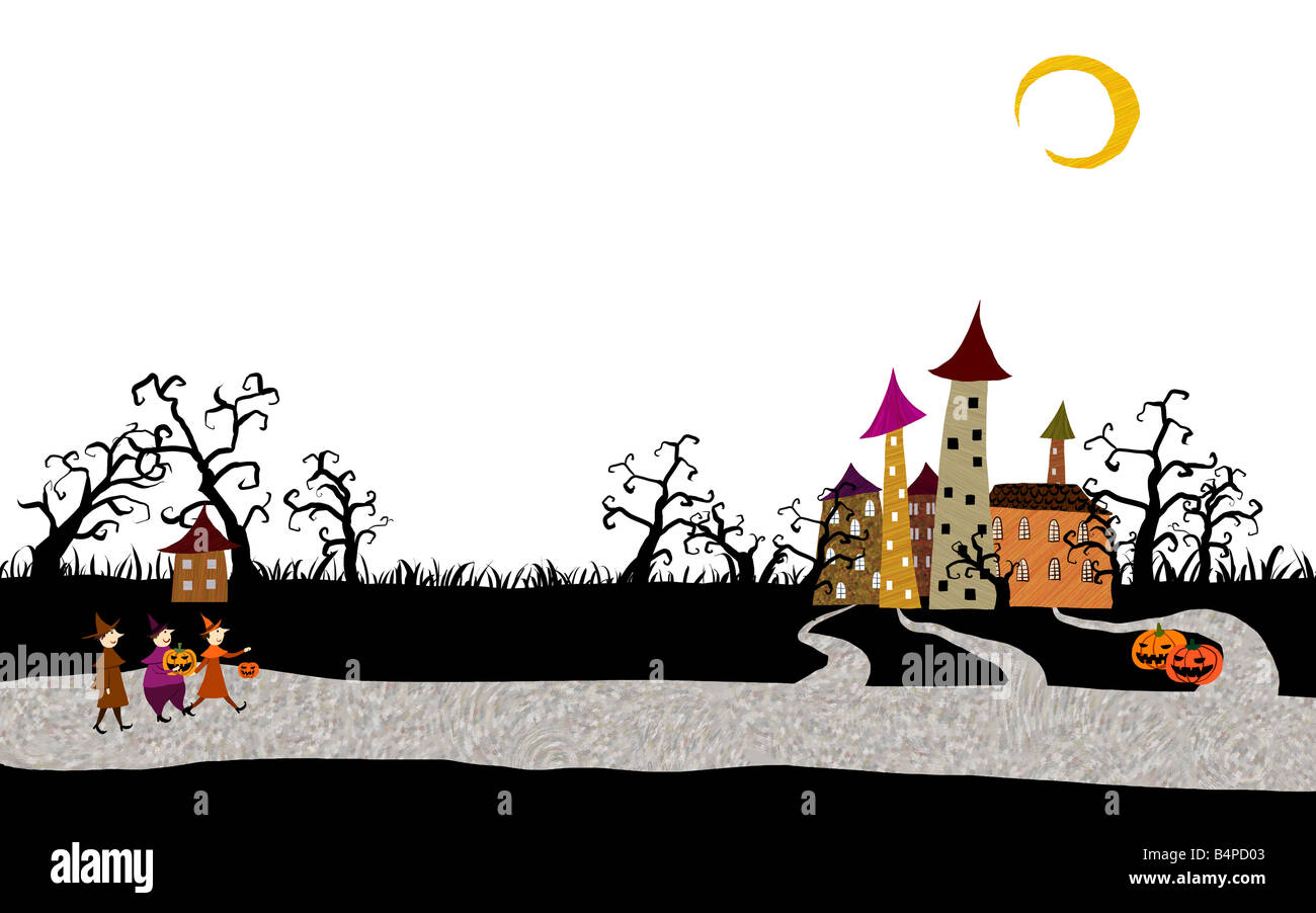 Illustrated image of moon over buildings with people walking on street ...