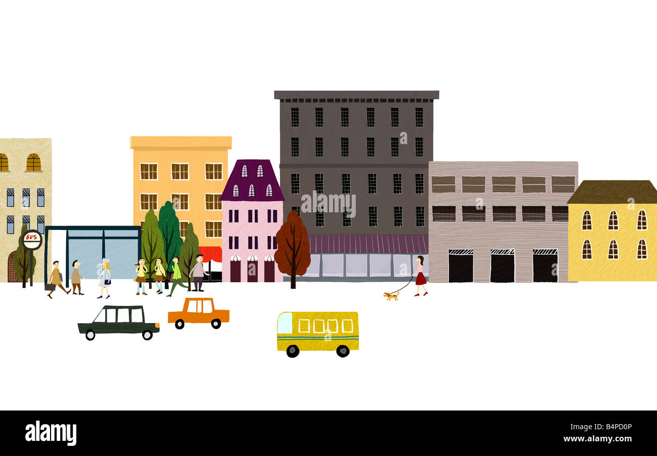 Illustrated image of buildings by street Stock Photo - Alamy