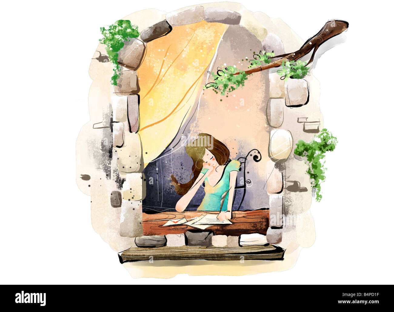 Painting of a woman reading papers at window Stock Photo - Alamy