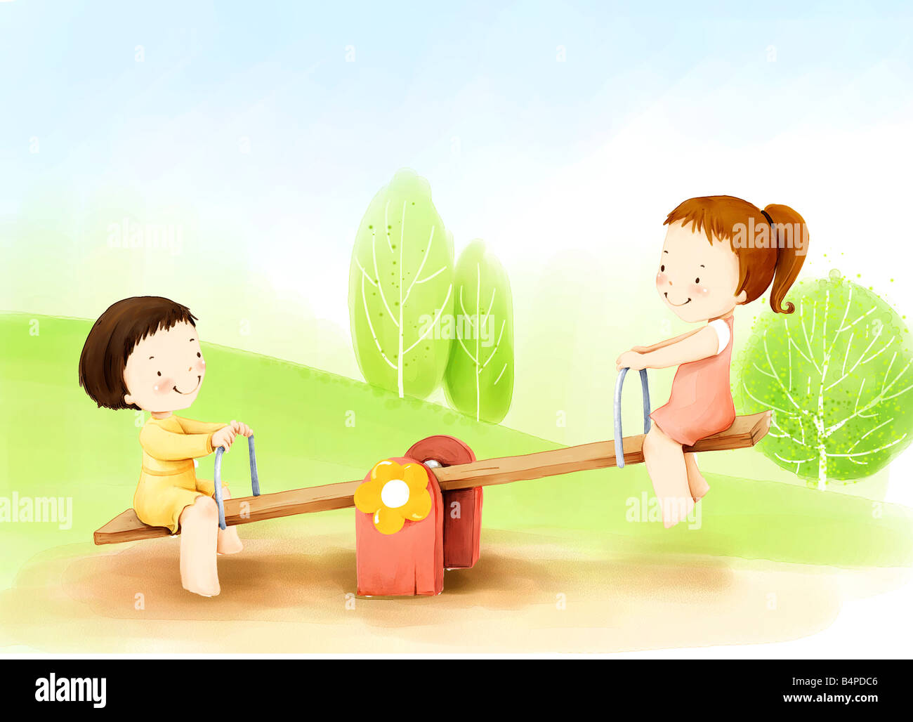 Representation of children playing on seesaw Stock Photo - Alamy