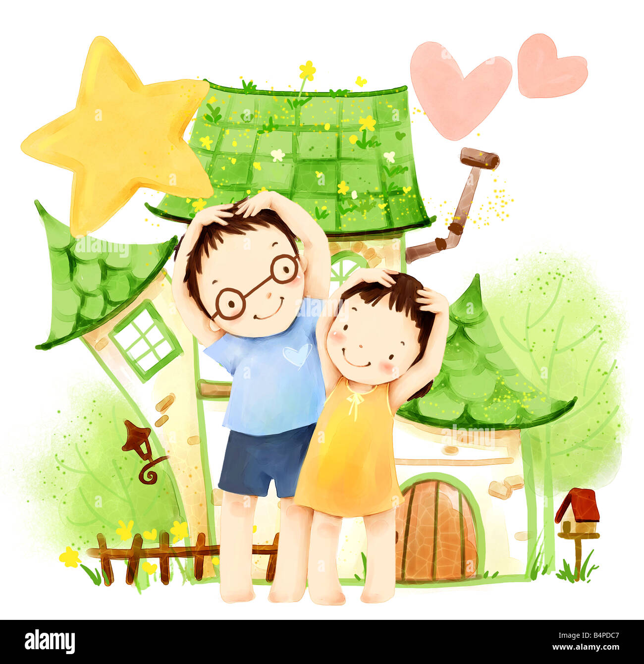 Representation of children with house in background Stock Photo - Alamy