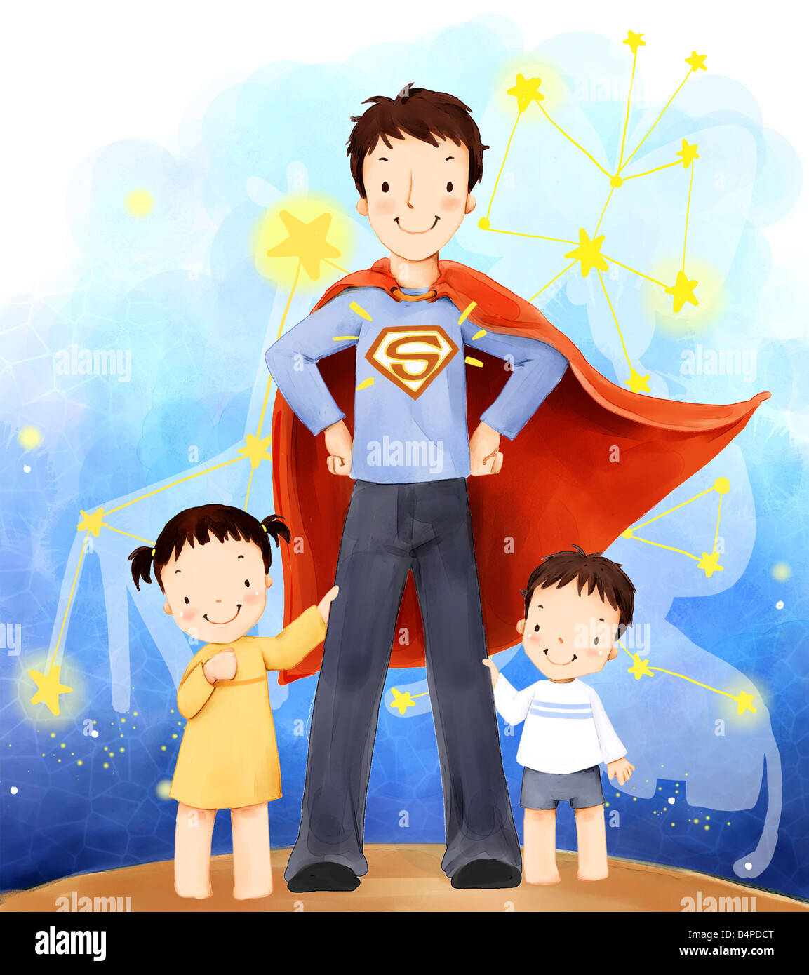 Representation of father with son and daughter in superman costume ...