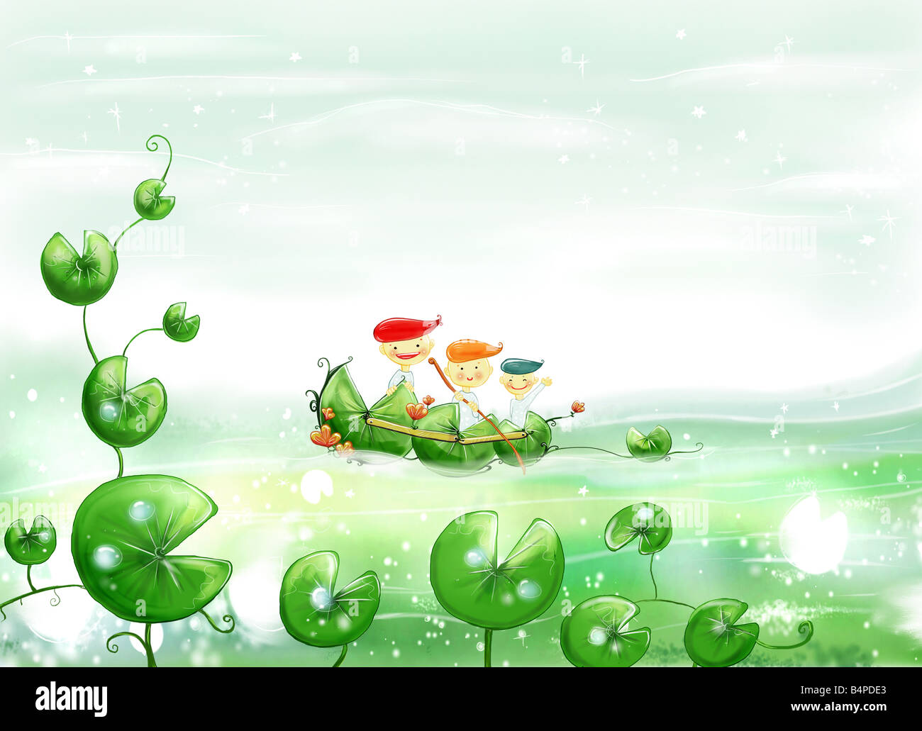 Representation of boys sailing in leaf boat Stock Photo - Alamy