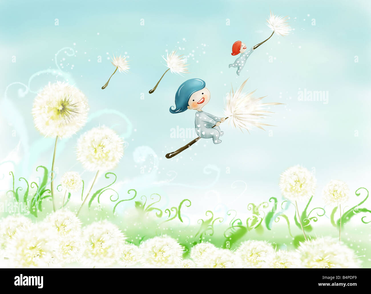 Representation of boys riding on flowers Stock Photo - Alamy