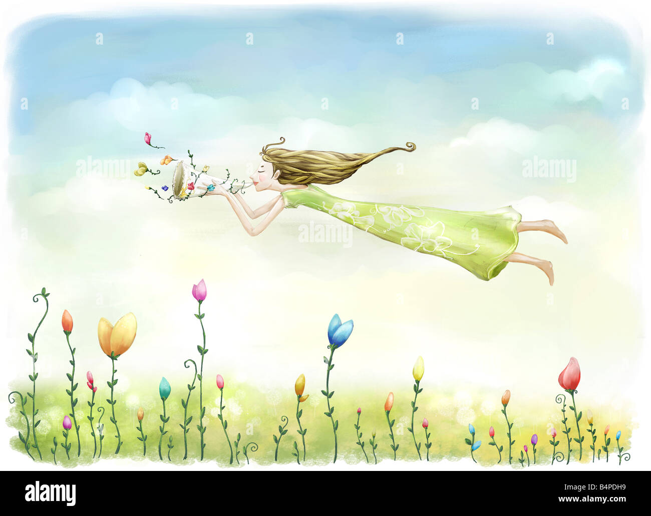 Representation of woman playing bugle in midair Stock Photo - Alamy