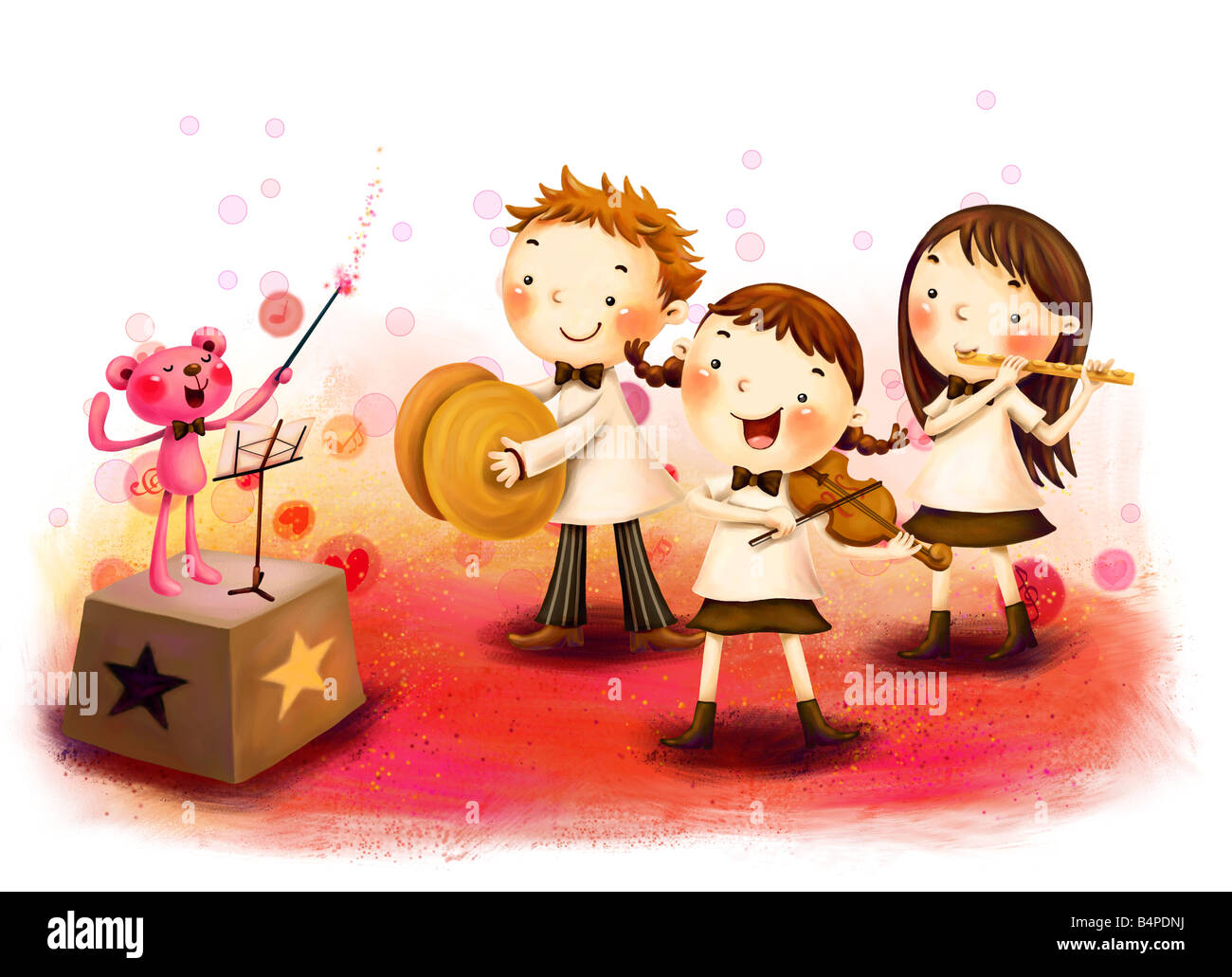 Representation of girls and boy playing musical instruments Stock Photo ...