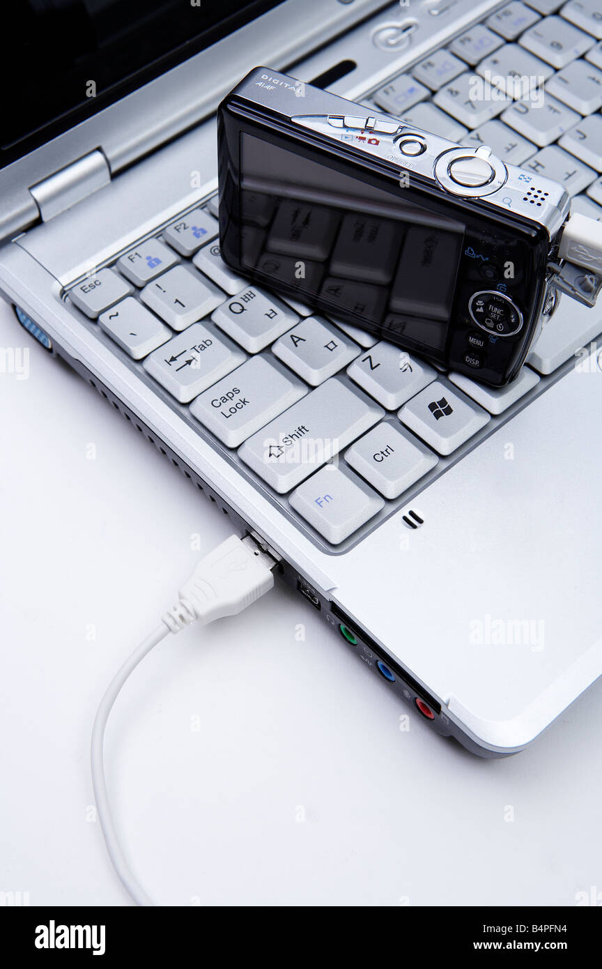 Digital camera plugged with laptop Stock Photo - Alamy
