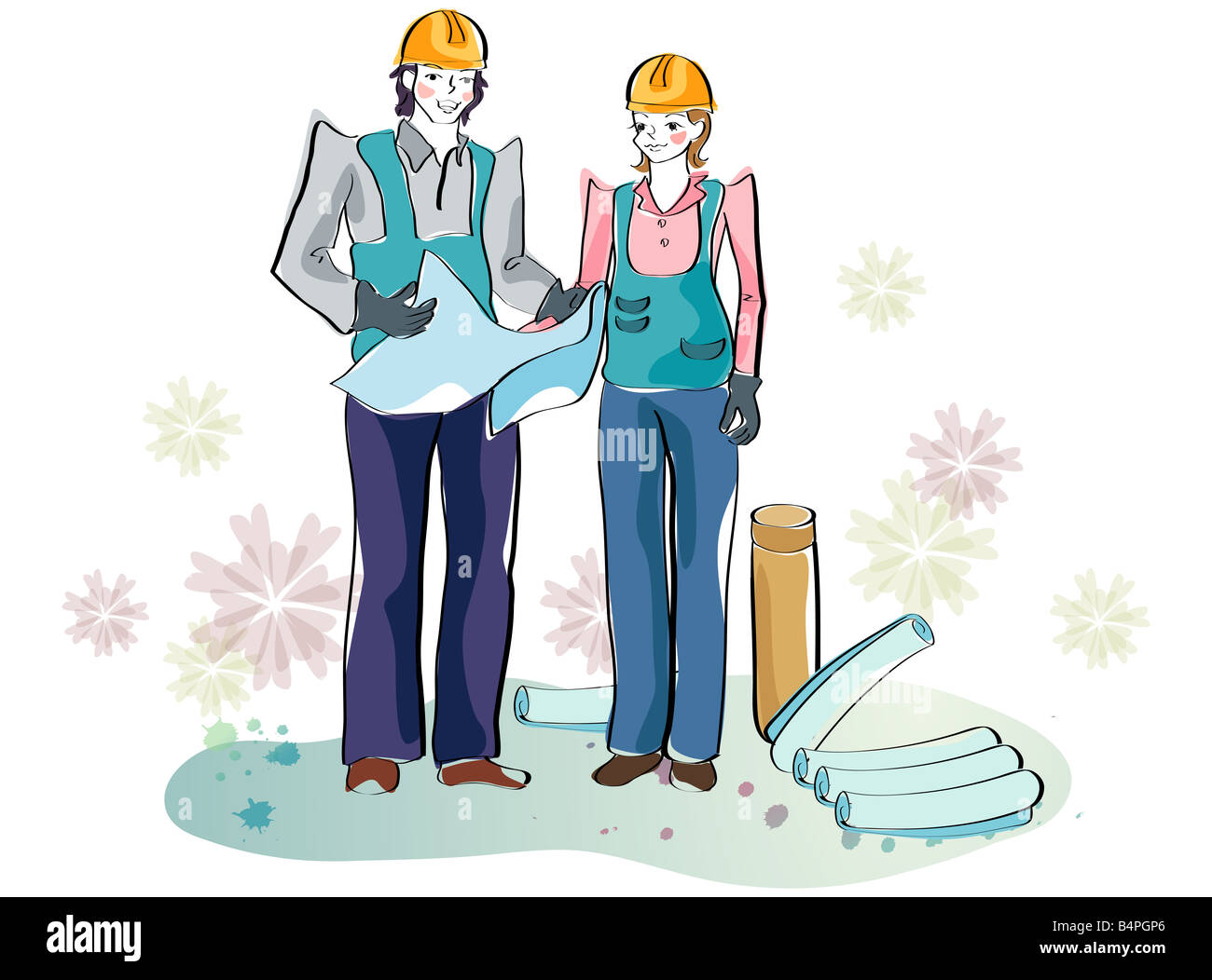 Representation of architects standing with blueprint Stock Photo - Alamy