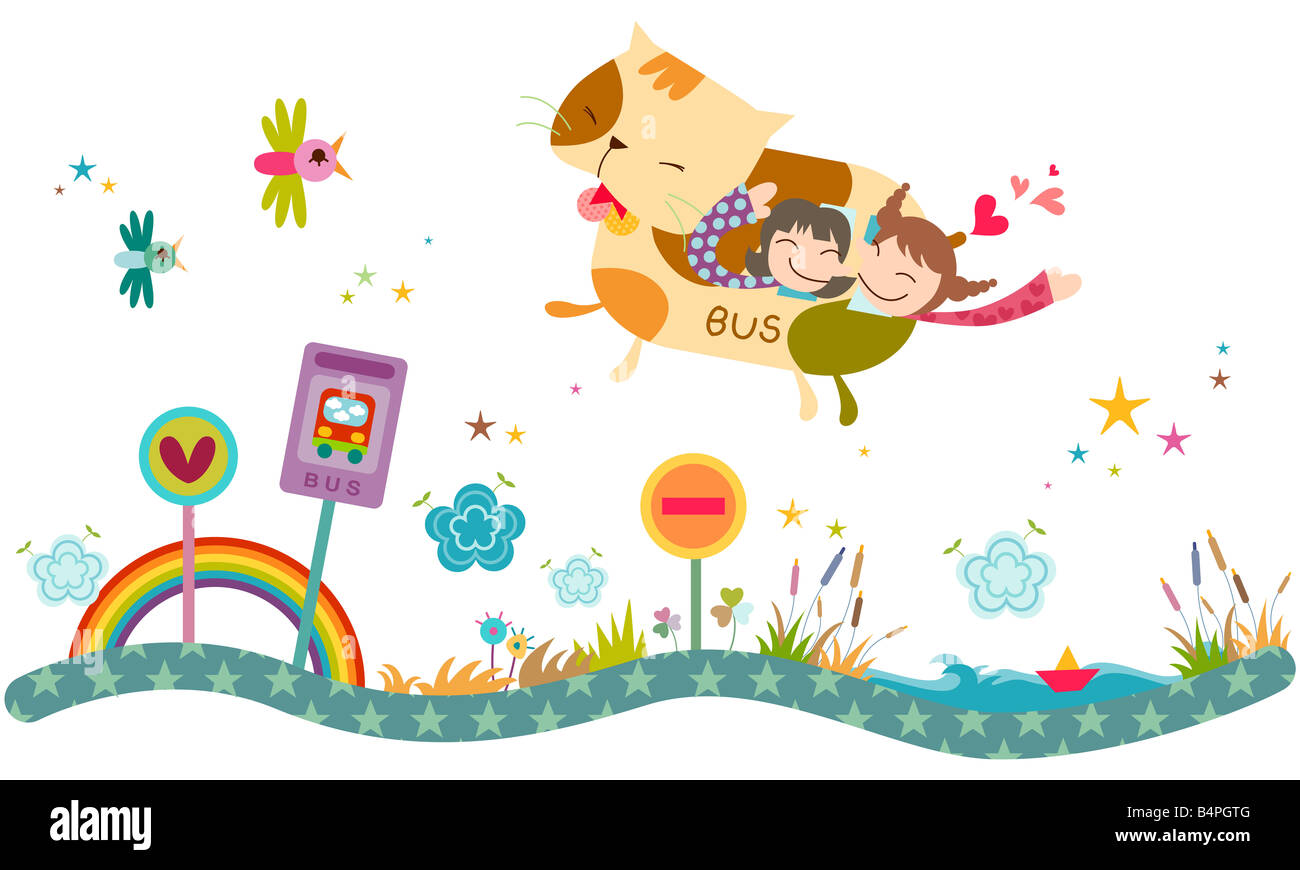 Representation of couple flying in cat shaped bus Stock Photo - Alamy