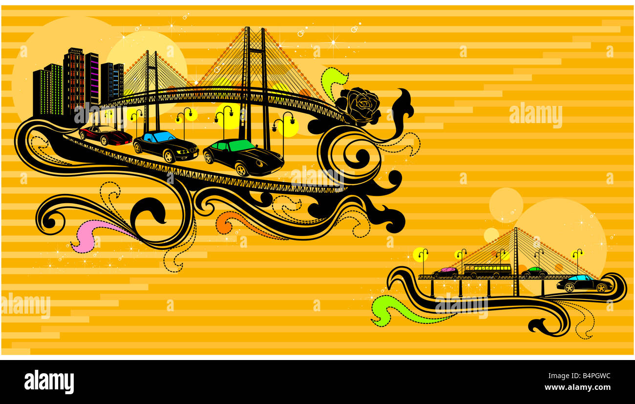 Illustration of vehicles and bridge Stock Photo - Alamy