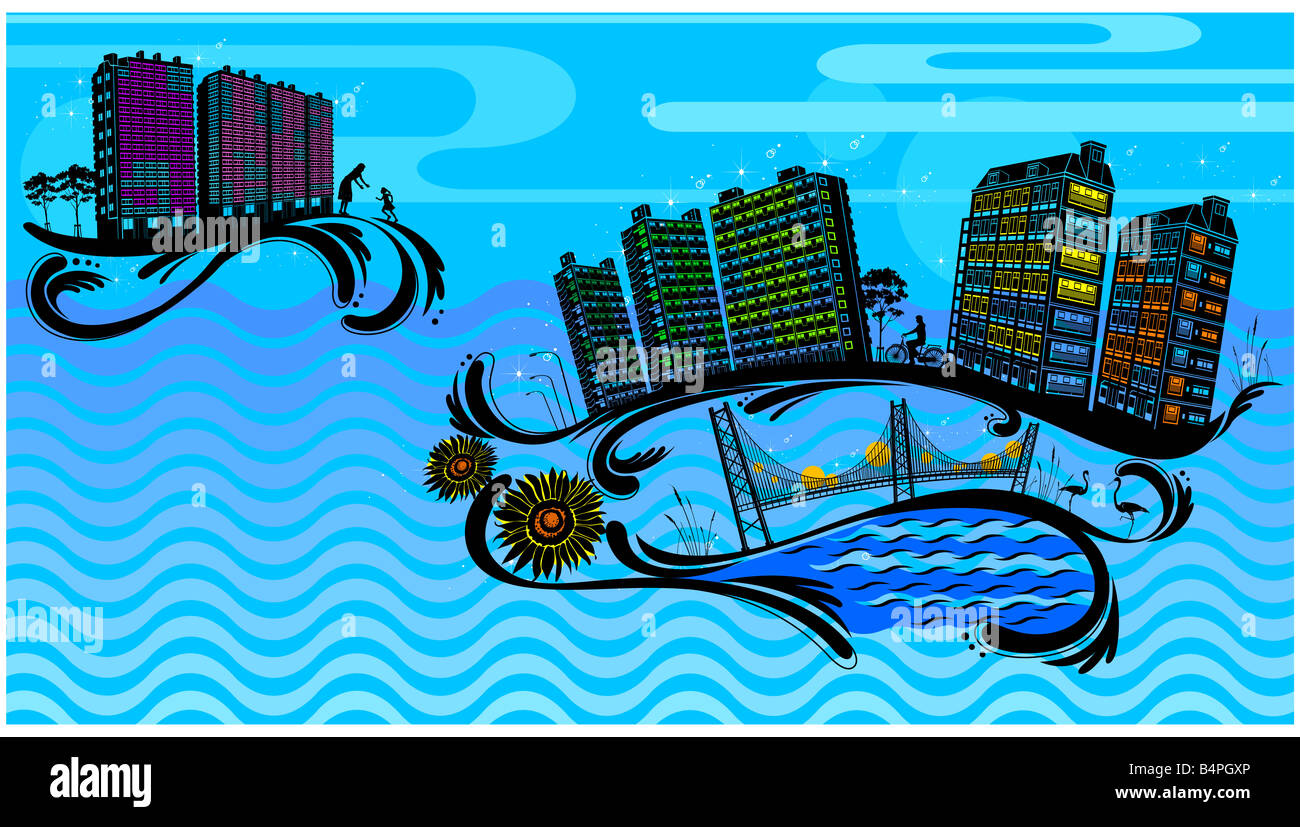 Illustration of buildings by sea Stock Photo - Alamy