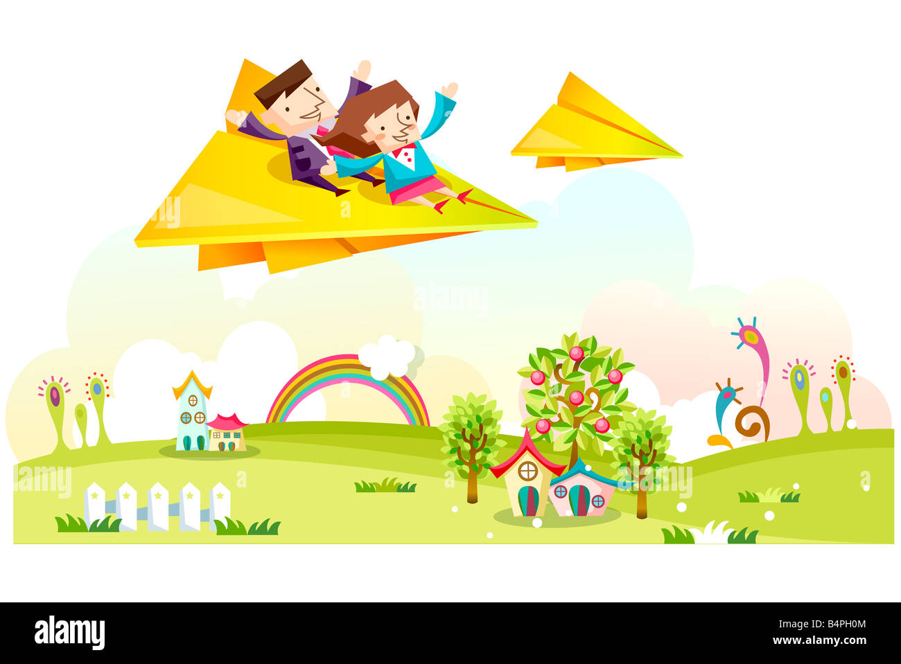 Representation of man and woman flying on paper airplane Stock Photo ...