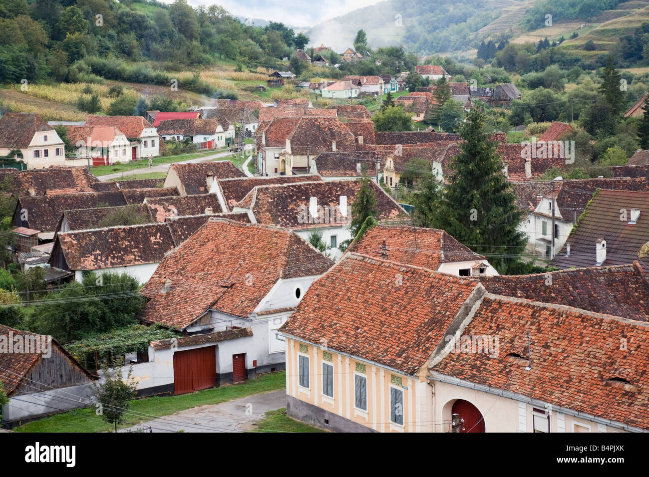 Biertan Transylvania Romania Europe Aerial view of village red tiled ...