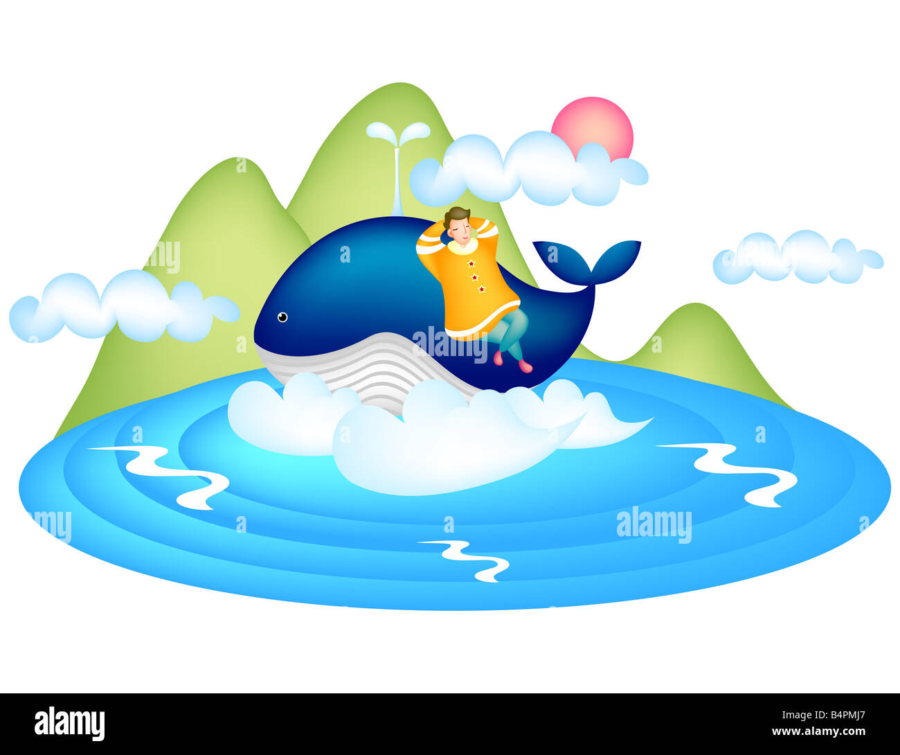 Representation of man relaxing on whale Stock Photo - Alamy