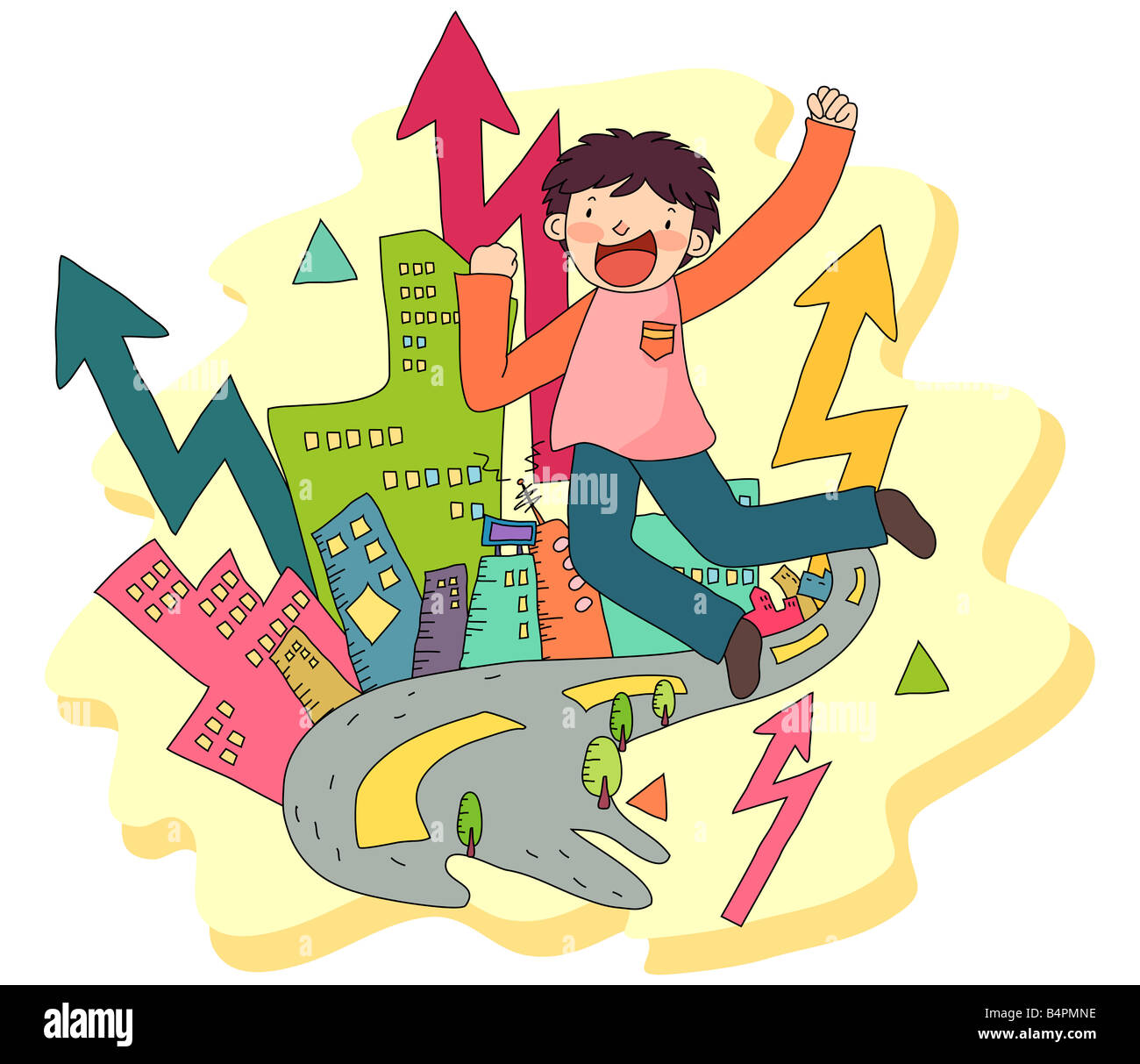 Representation of a boy jumping with buildings in background Stock ...