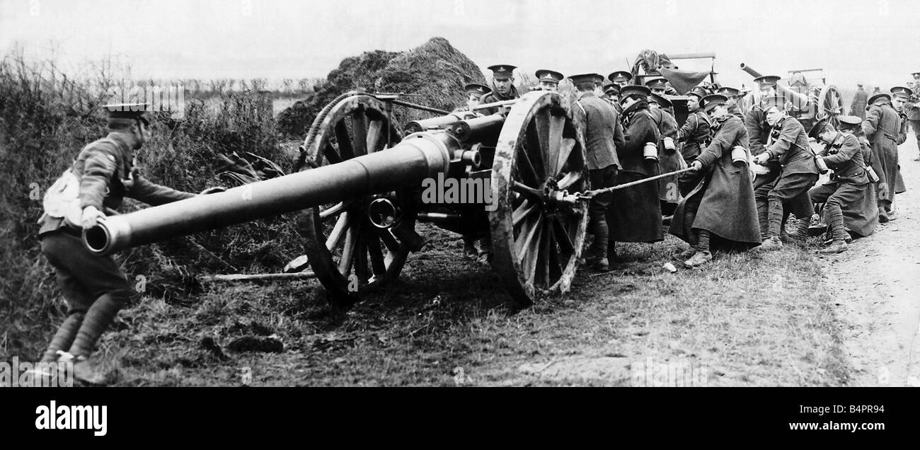 British gunners struggle to pull a field gun into position during World ...