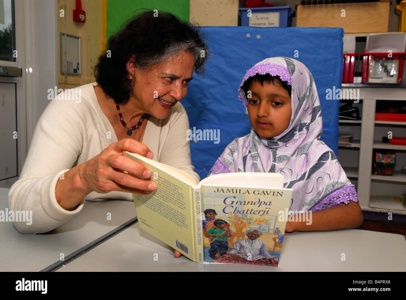 Children's author Jamila Gavin discussing one of her books with 6 year ...