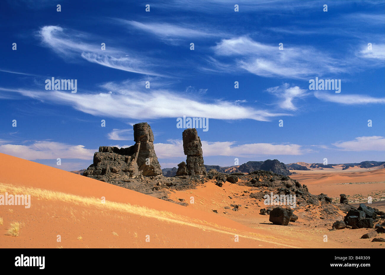 Algeria near Djanet Landscape Sand dunes and rocks Sahara Desert Stock ...
