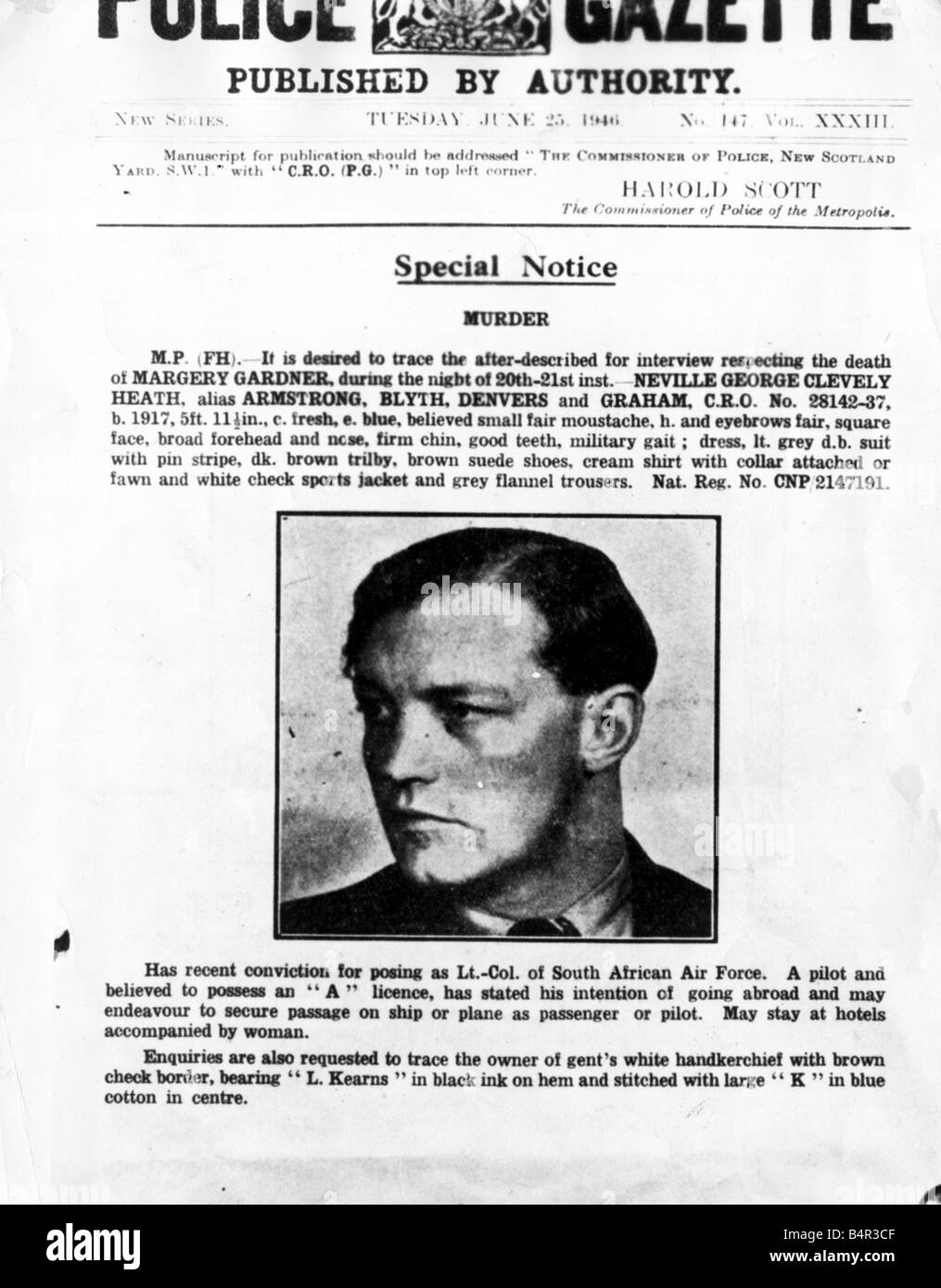 Neville George Clevely Heath murderer June 1946 Special police notice ...