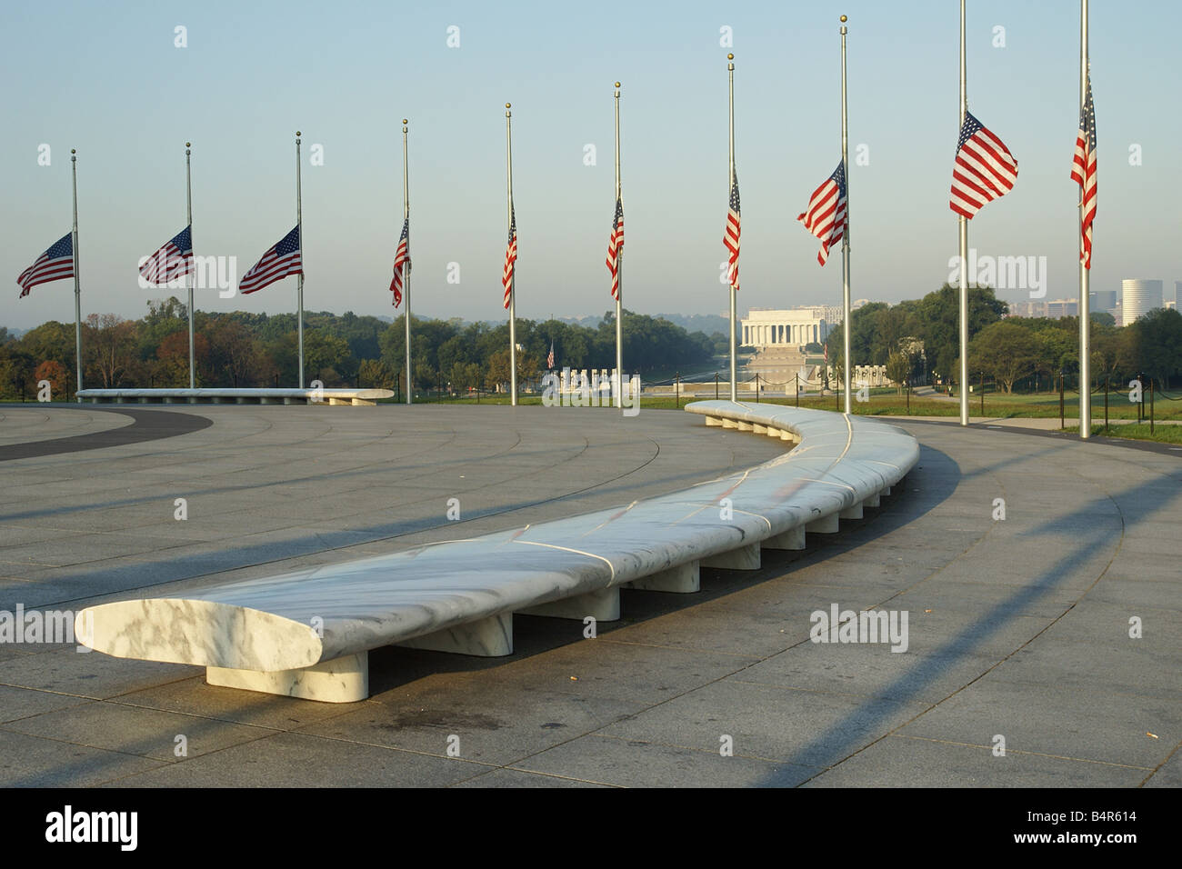 Lincoln Memorial from Washington Monument with flags at half mast Stock ...