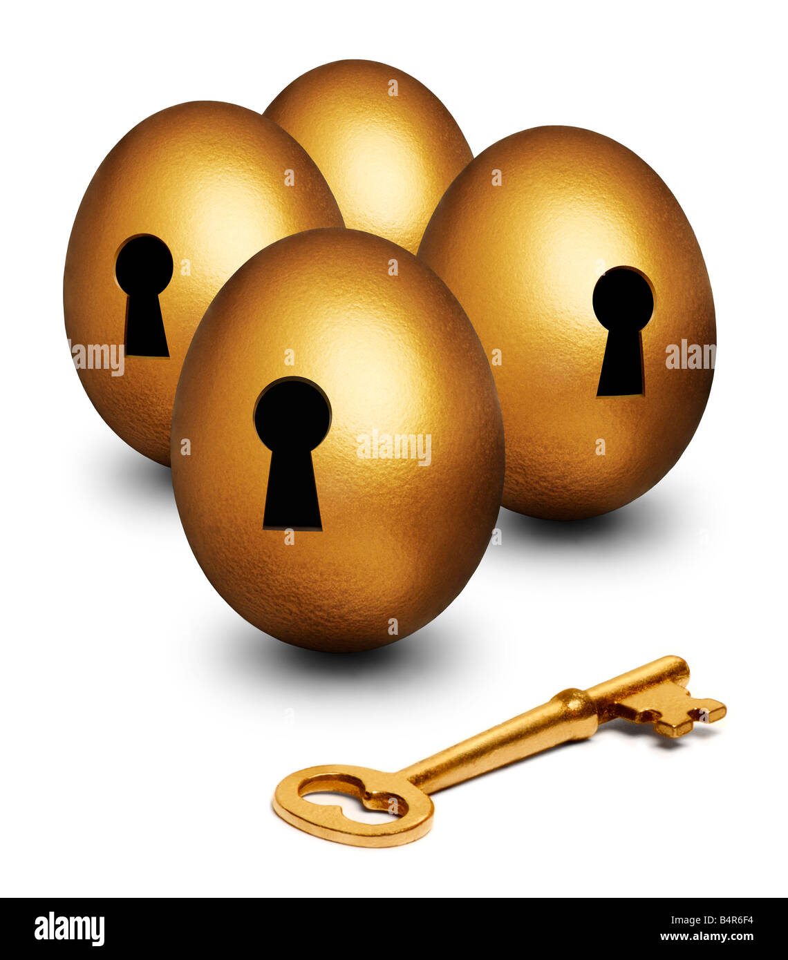 Gold key lying in front of four golden nest eggs with keyholes ...