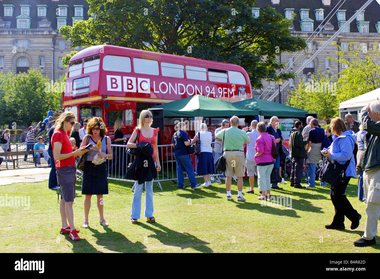 The BBC London Radio Red Bus at the Thames Festival Stock Photo - Alamy