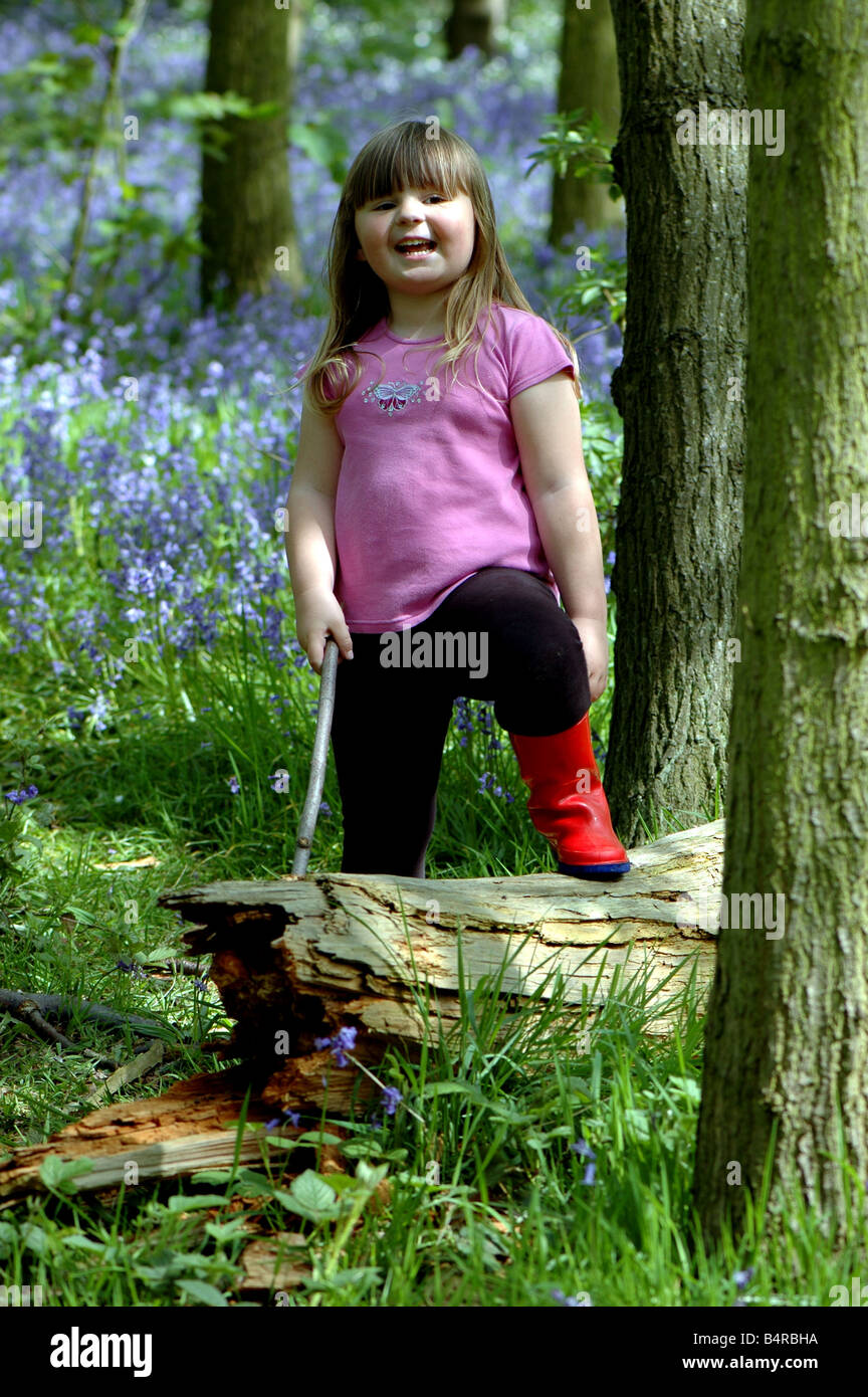A girl standing with one foot on a fallen tree in a bluebell wood Stock ...