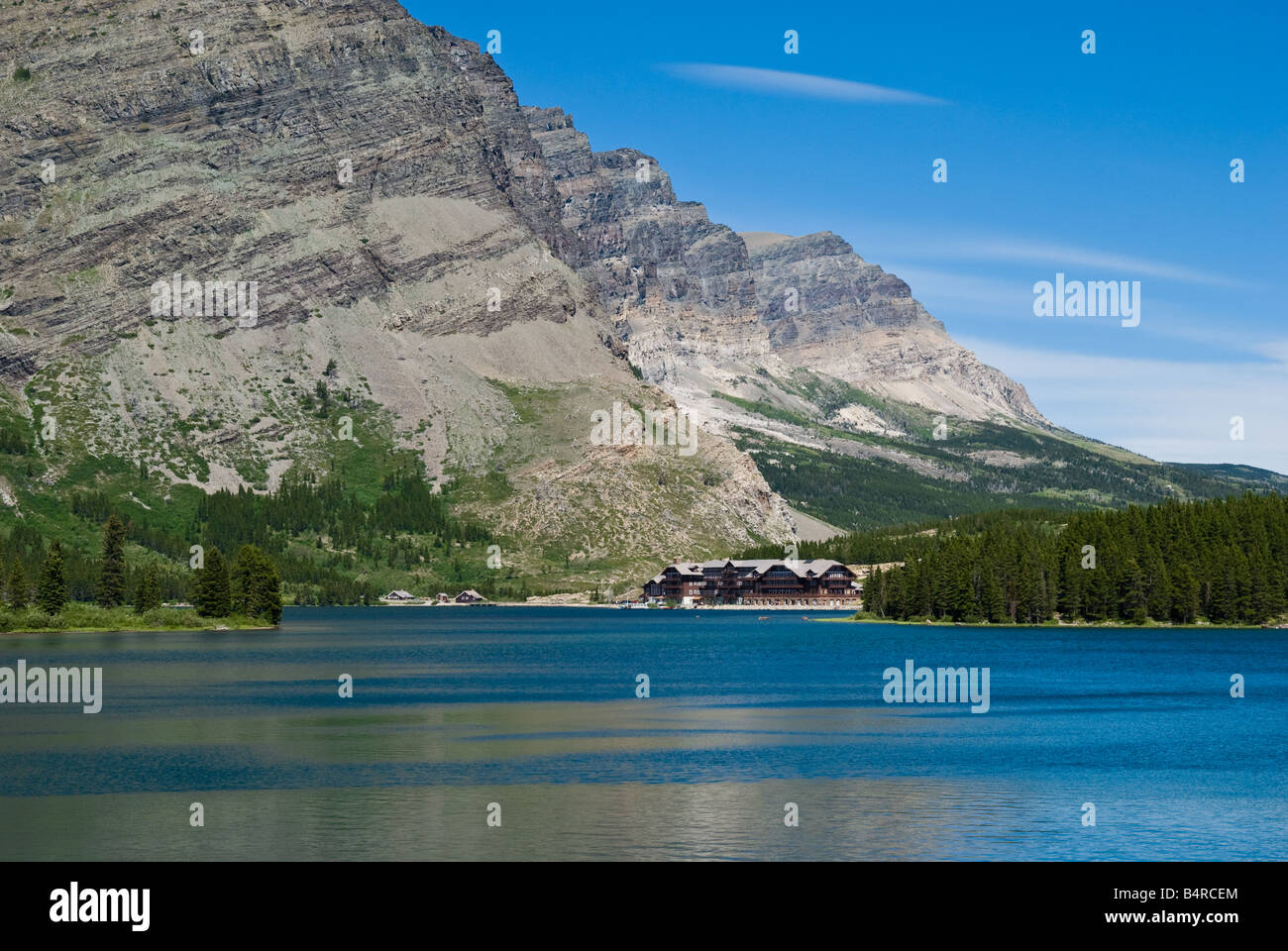 Many Glacier Hotel along the banks of Swiftcurrent lake Glacier ...