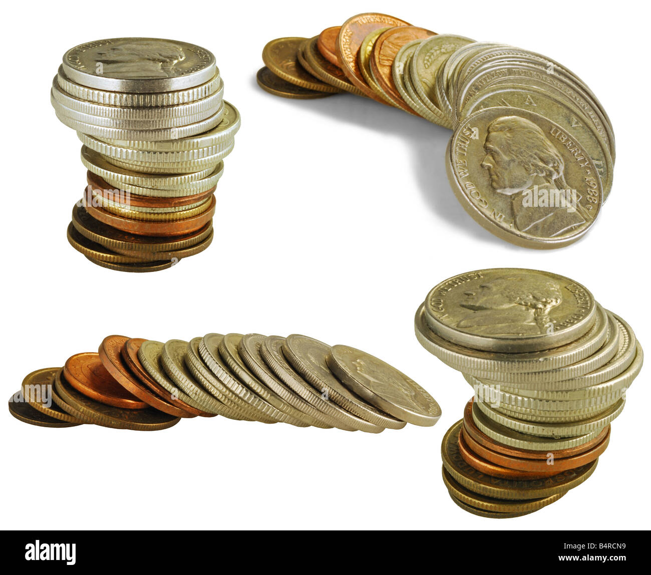 Coins tower on white background Stock Photo - Alamy