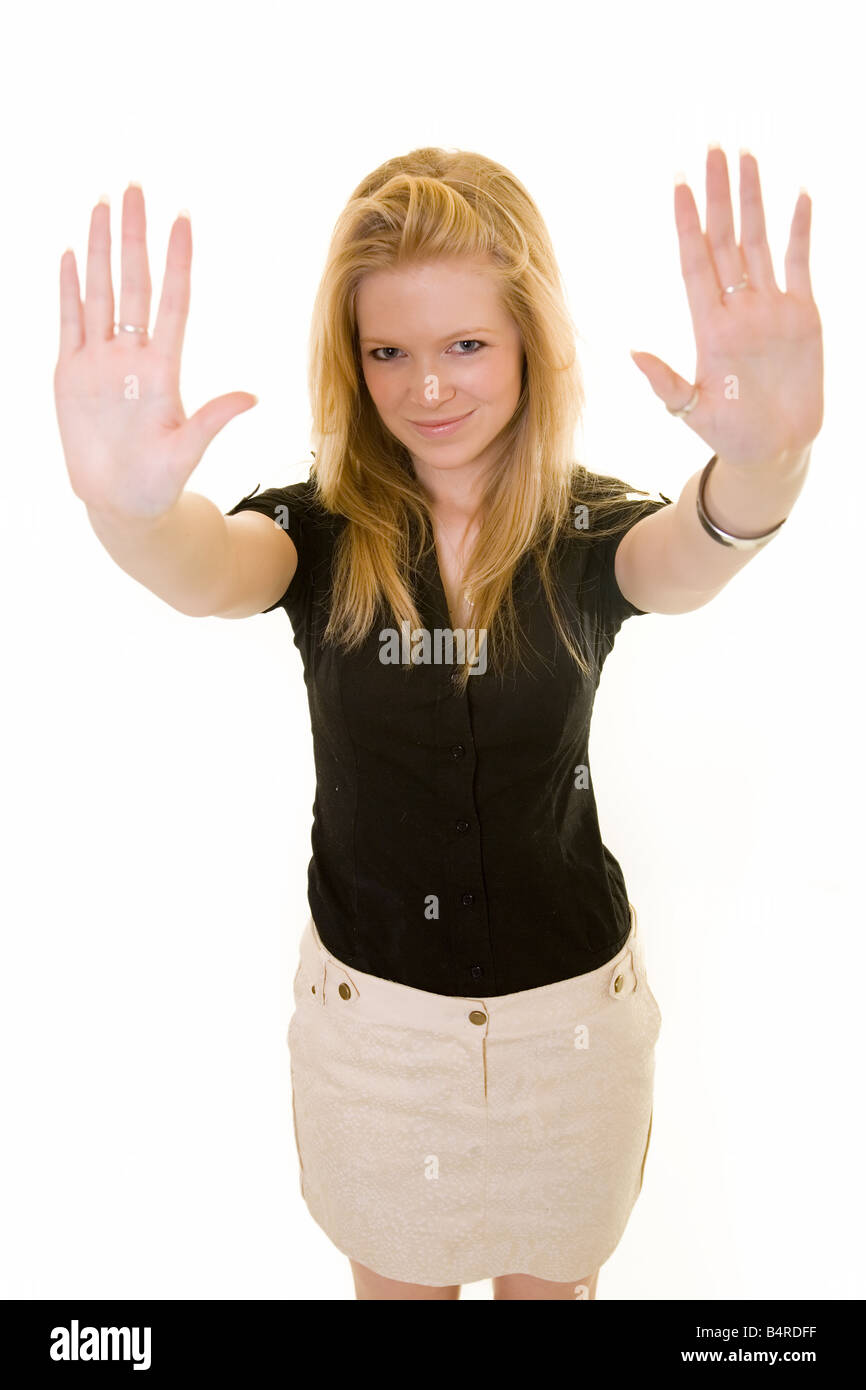 woman with hands up Stock Photo - Alamy